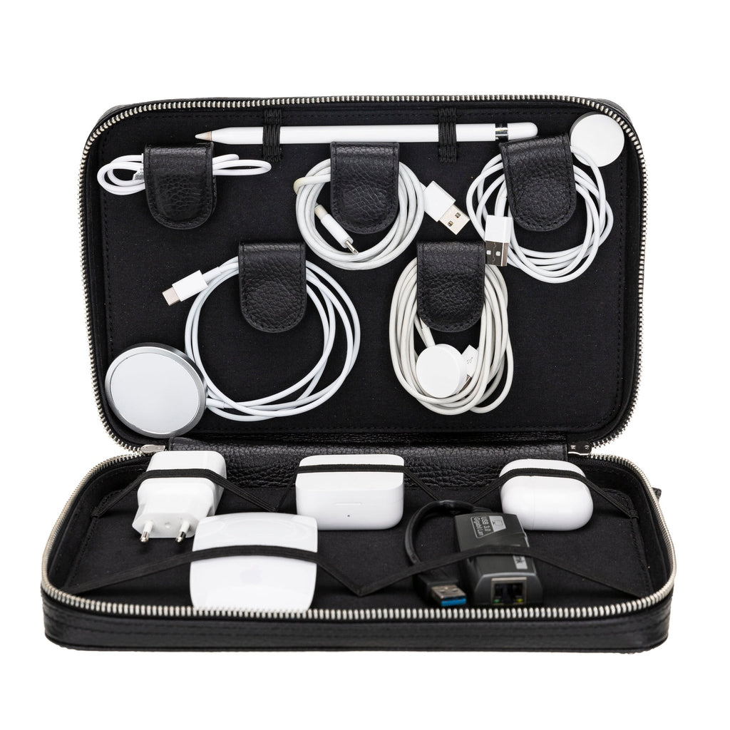 Leather Tech Cable Organizer – Full‑Grain Organizer in Pebble Black ...