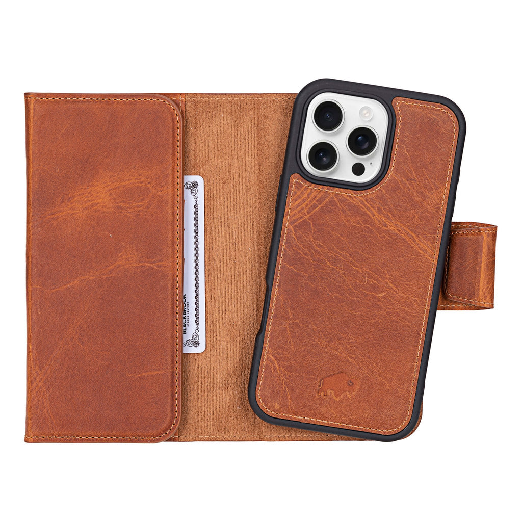 Tudor Tri-Fold Leather Wallet Case for iPhone 16 Pro Max – Golden Brown ...